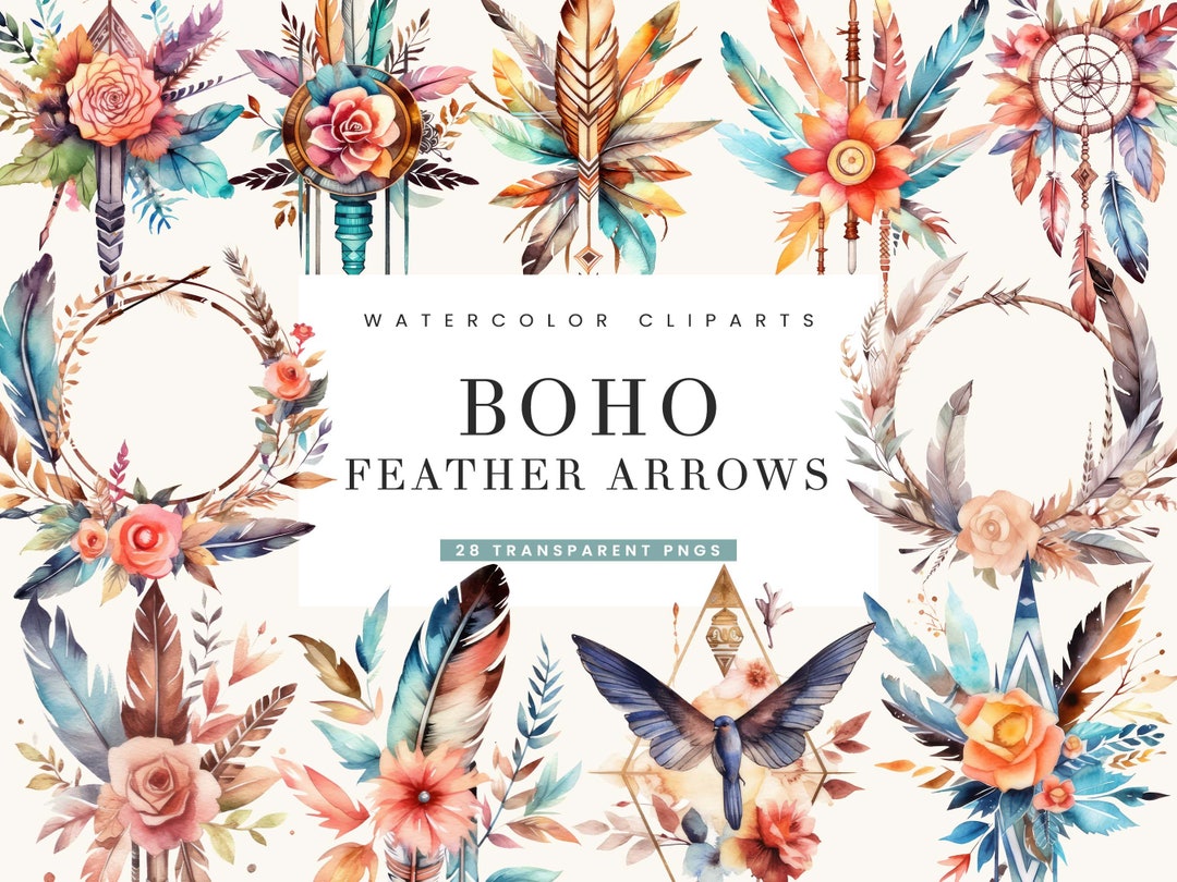 28 Watercolor Boho Feather Arrows Clipart Bundle, Digital Download ...