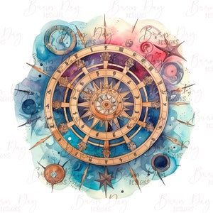 Watercolor Celestial Time Wheel Clipart: 28 PNG Graphics (digital ...