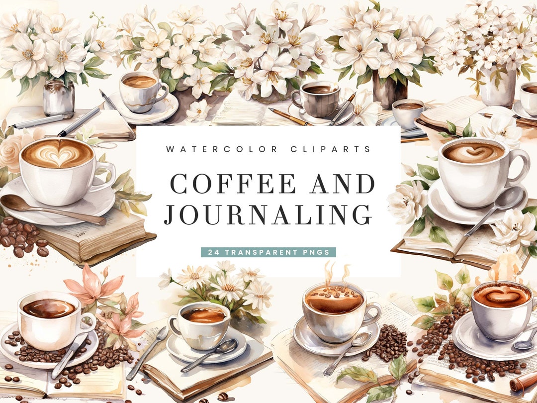 Watercolor Coffee & Journaling Clipart: 24 PNG Designs (digital ...
