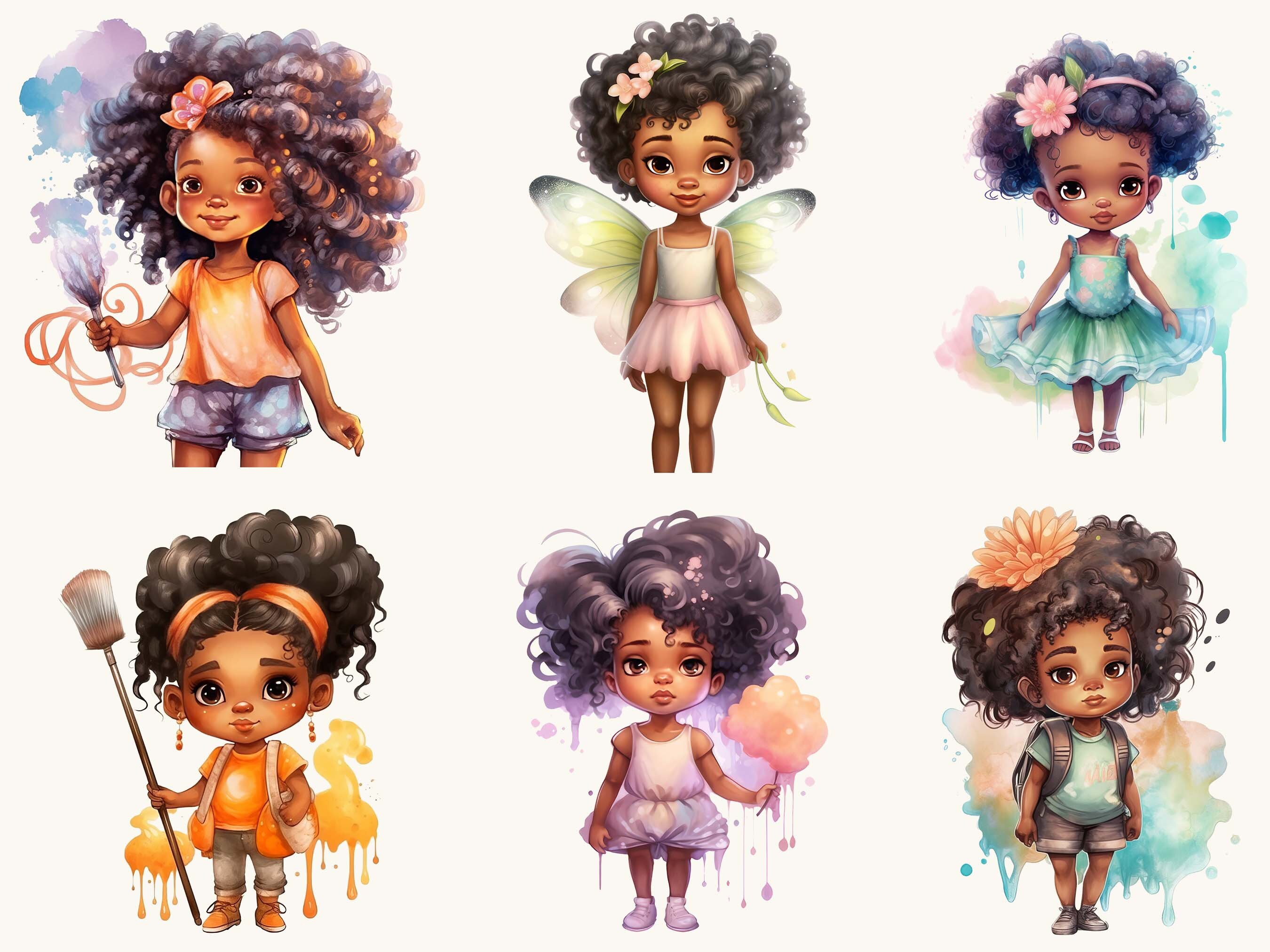 29 Watercolor Cute Little Black Girl Clipart Bundle , Watercolor ...