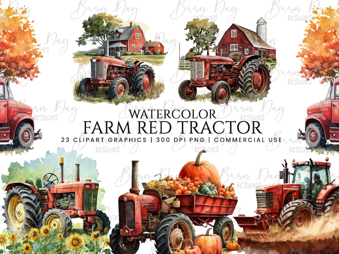 Watercolor Farm Red Tractor Clipart: 23 PNG Graphics (digital Download ...