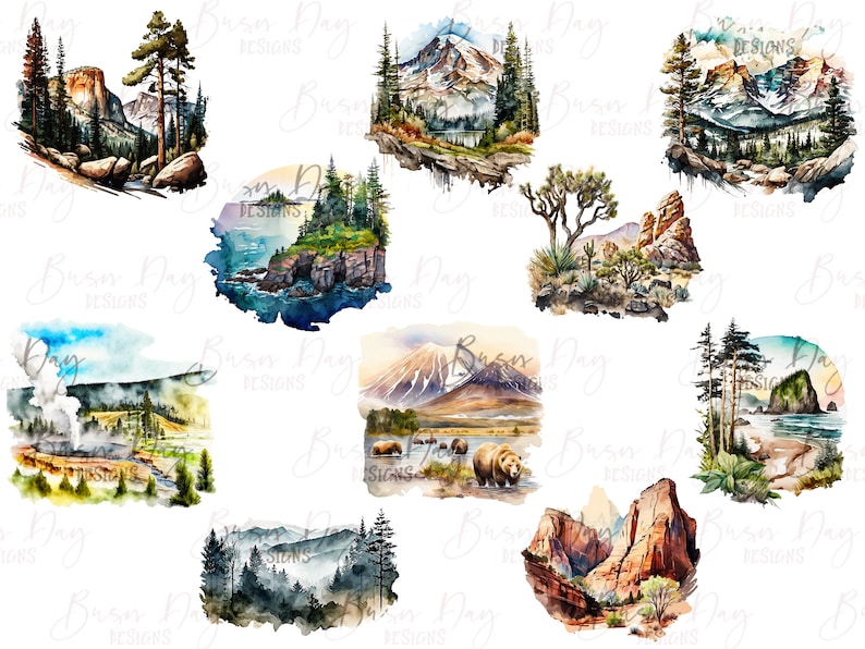 Watercolor National Parks Clipart: 20 PNG Graphics (digital Download ...