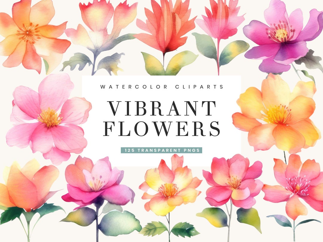 Watercolor Flower Clipart Bundle: 125 Vibrant PNG Designs (digital ...