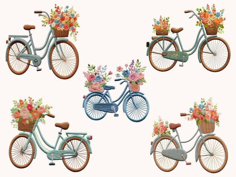 Watercolor Embroidery Bicycle Clipart Bundle: Printable PNG Designs ...