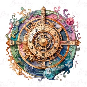 Watercolor Celestial Time Wheel Clipart: 28 PNG Graphics (digital ...