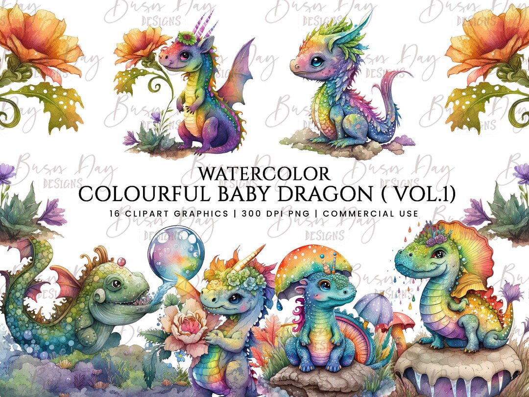 Watercolor Colorful Baby Dragon Clipart, Clipart Bundle, Digital ...