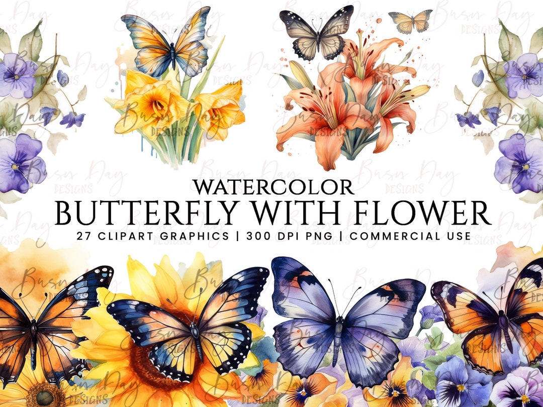 Watercolor Butterfly Flower Clipart: 27 PNG Graphics (digital Download ...