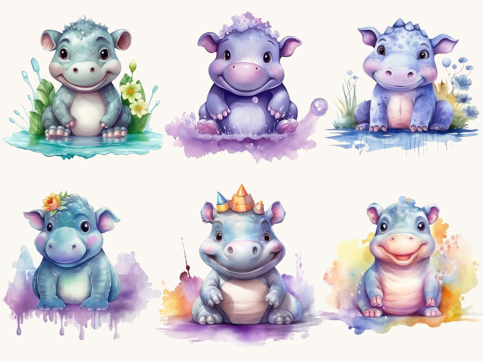31 Watercolor Cute Baby Hippo Clipart Bundle Sublimation Designs ...