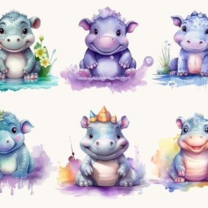 31 Watercolor Cute Baby Hippo Clipart Bundle Sublimation Designs ...