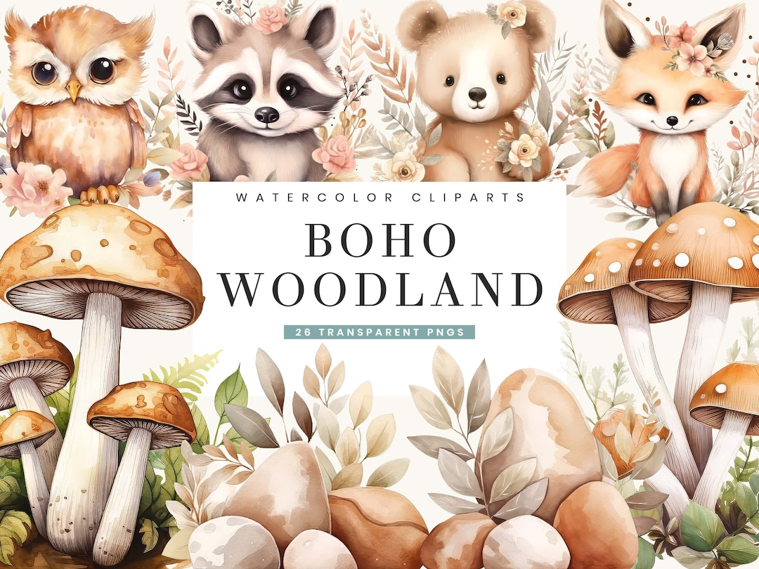 Watercolor Boho Woodland Clipart Bundle: Forest Animals (digital ...