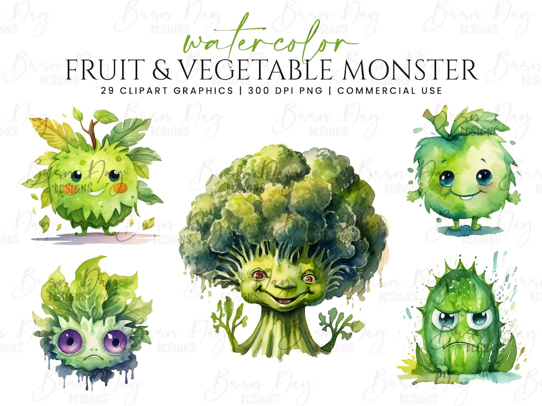 Watercolor Fruits & Vegetables Monsters Clipart , Watercolor Clipart ...