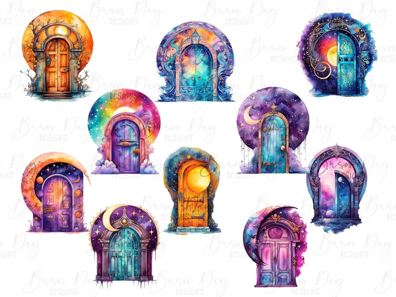 Watercolor Moon Doors Clipart Bundle: Celestial PNG Images (digital ...