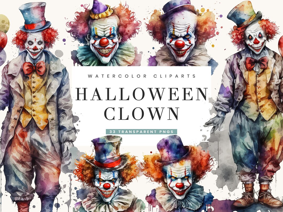 33 Watercolor Halloween Clown Clipart Bundle Instant Download ...