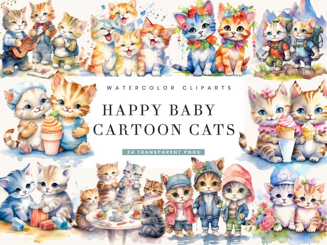 24 Watercolor Baby Cartoon Cats Clipart, Watercolor Clipart, Digital ...