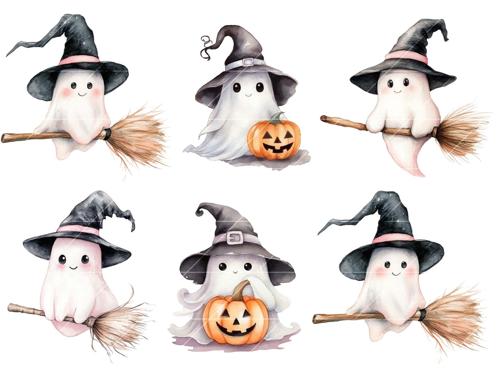 24 Watercolor Halloween Cute Ghost Clipart Bundle Sublimation Designs ...