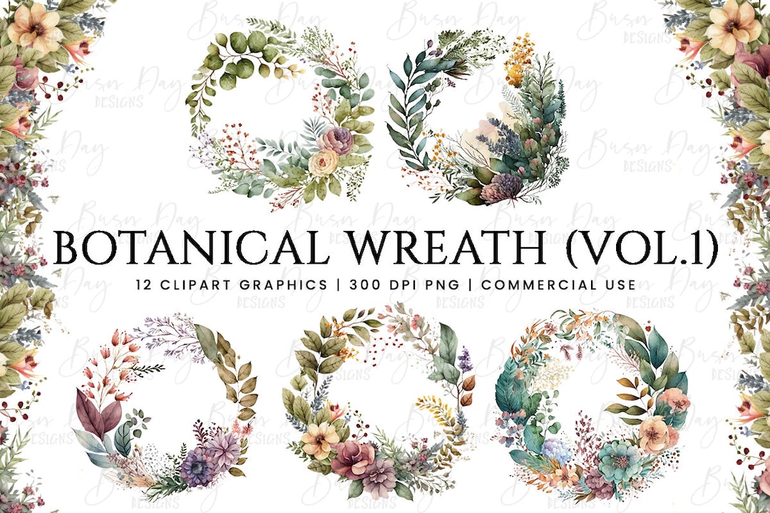 Botanical Wreaths Watercolor Clipart Bundle, Commercial Use, Watercolor ...