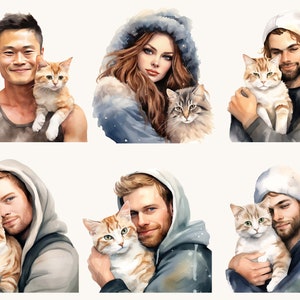24 Watercolor People With Cat Clipart Bundle Sublimation Designs ...