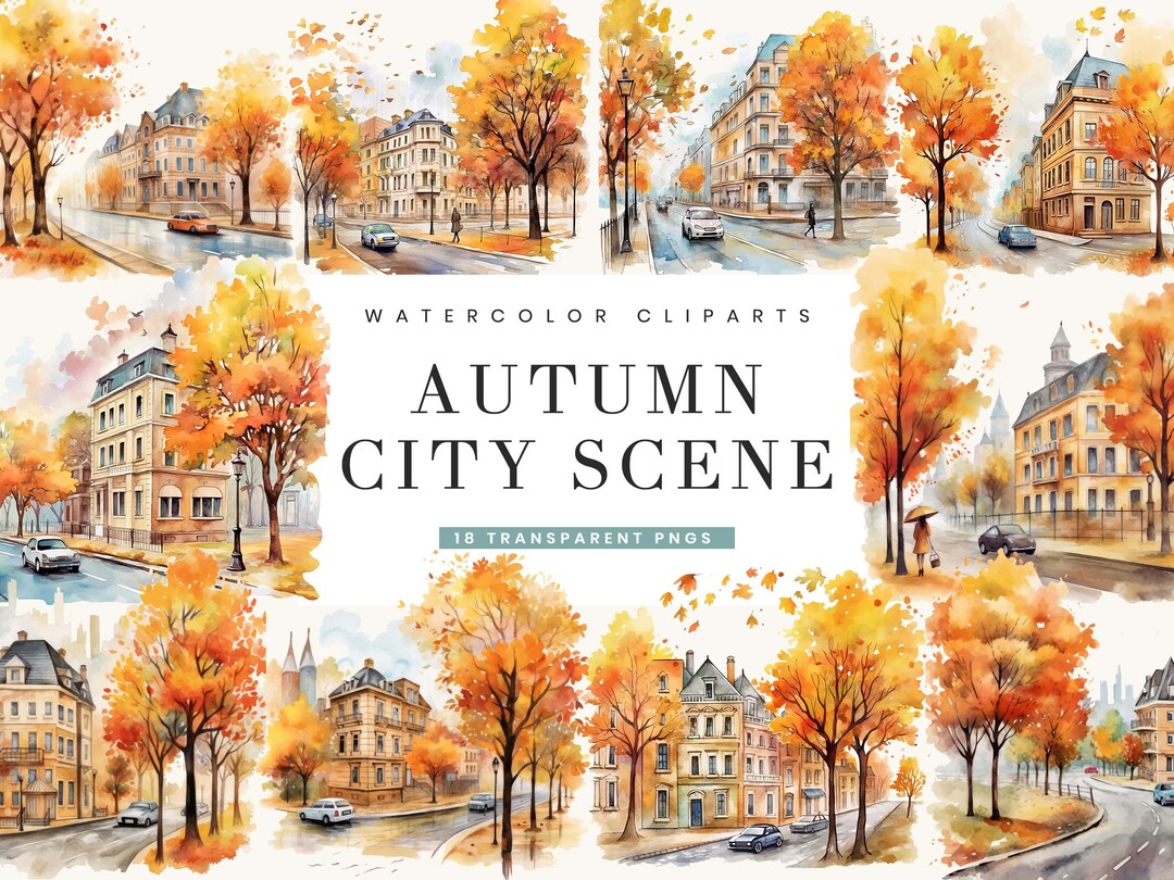 18 Watercolor Autumn City Scene Clipart Bundle Digital Download ...
