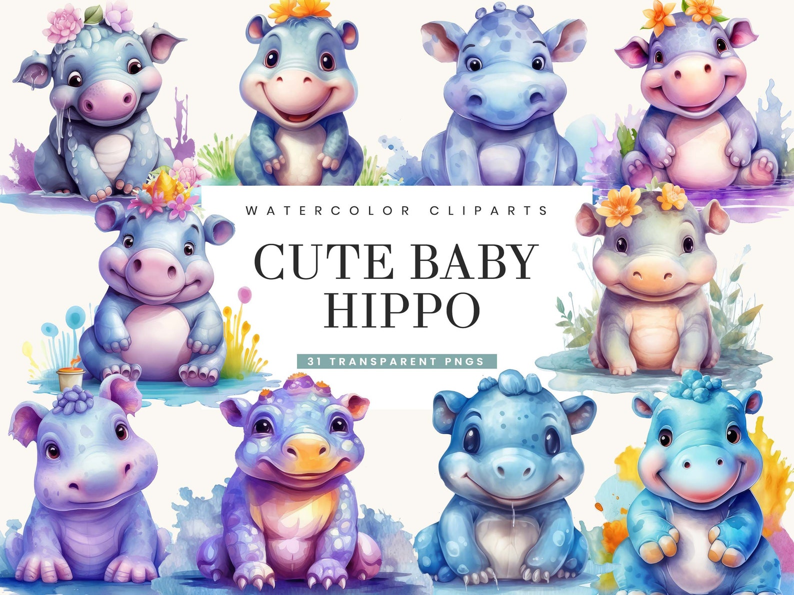 31 Watercolor Cute Baby Hippo Clipart Bundle Sublimation Designs ...