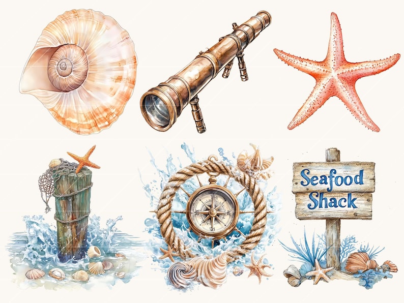 Watercolor Nautical Clipart Bundle: Coastal PNG Files (digital Download ...