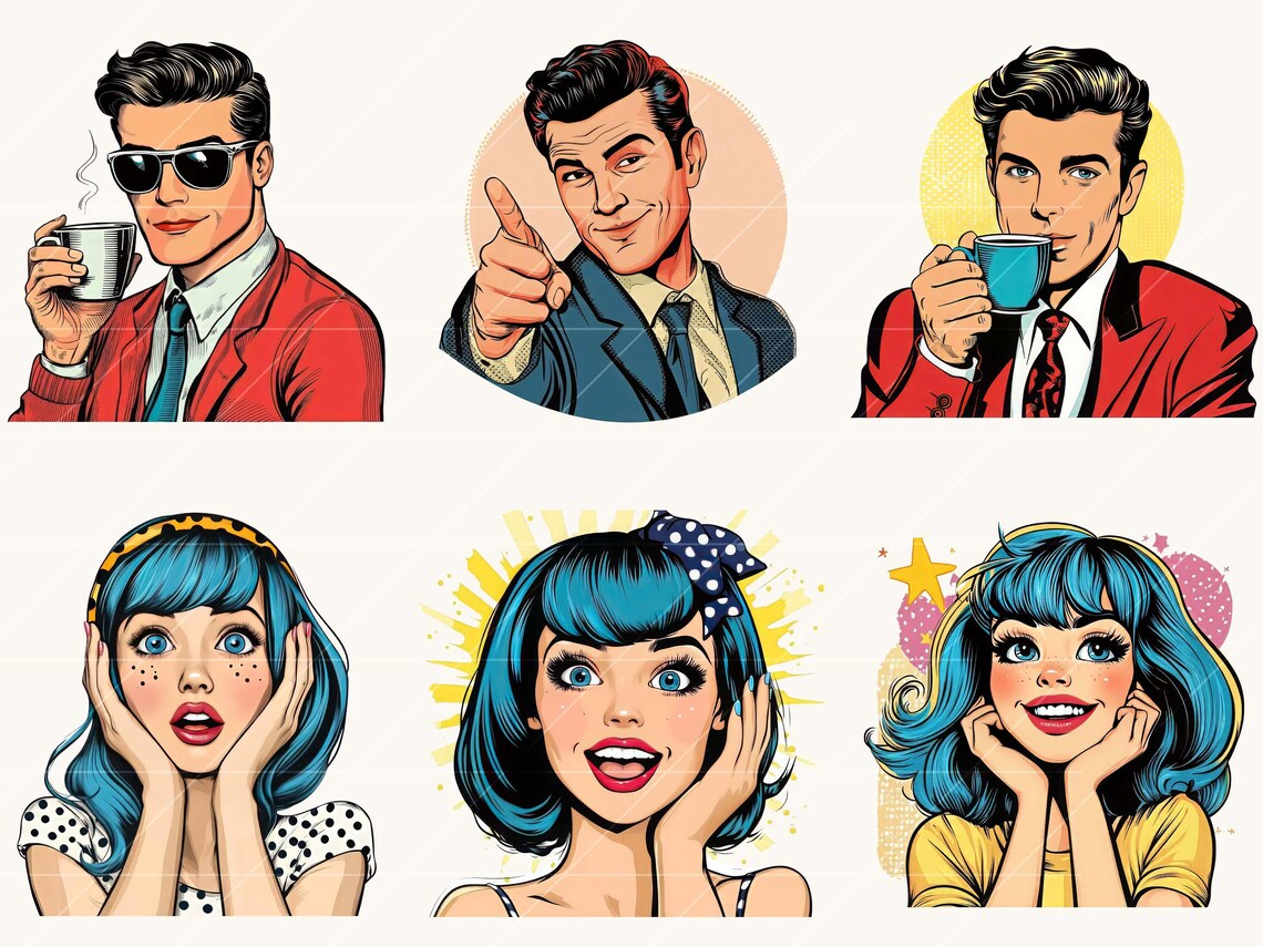 Pop Art Characters Clipart: 30 PNG Watercolor Designs (digital Download ...