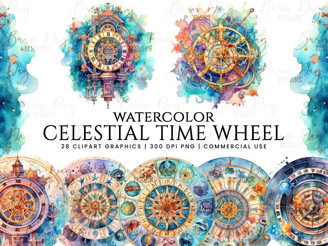 28 Watercolor Celestial Time Wheel Clipart Bundle, Digital Download ...