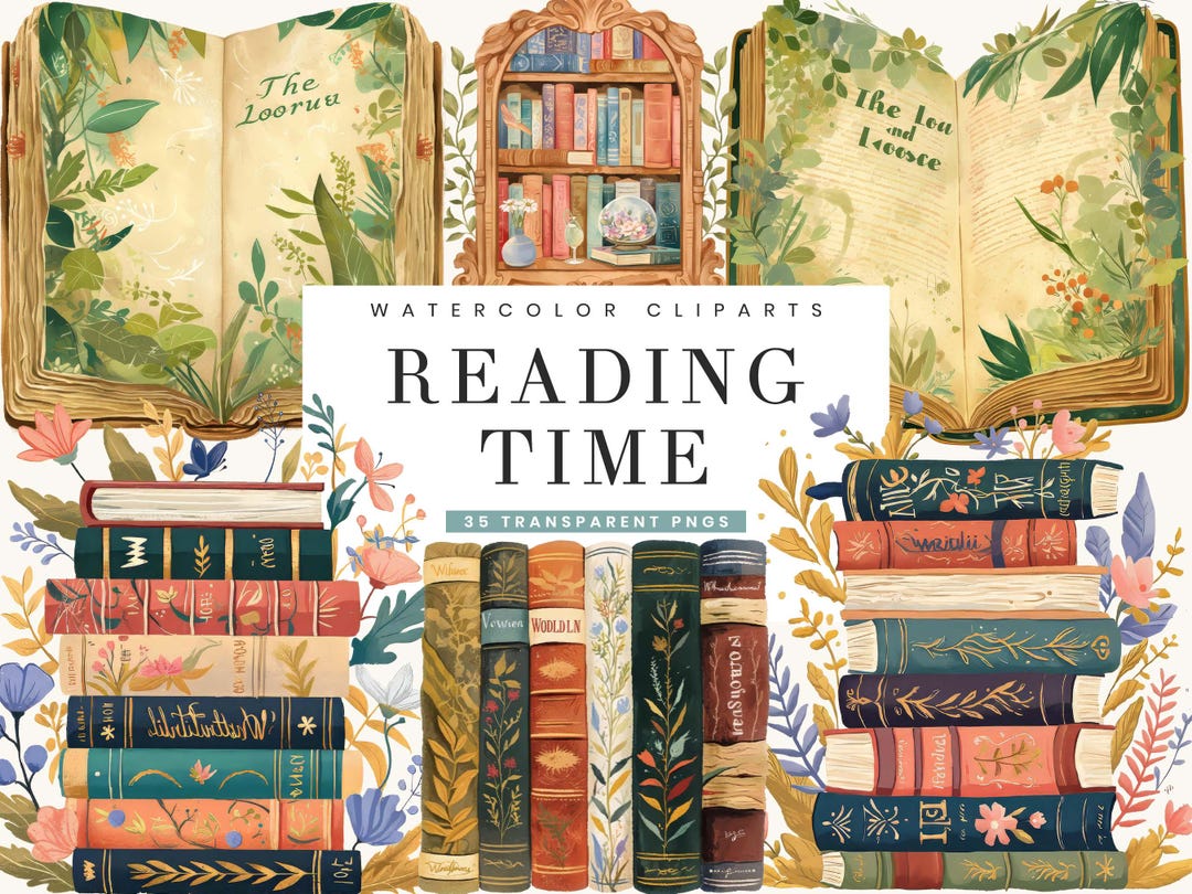 Watercolor Reading Clipart Bundle: Book Lover PNG Designs (digital ...