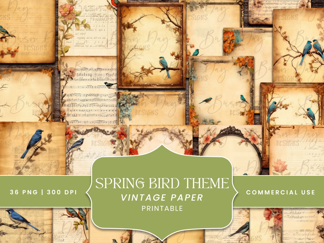 36 Spring Bird Vintage Digital Paper Bundle, Digital Scrapbooking ...
