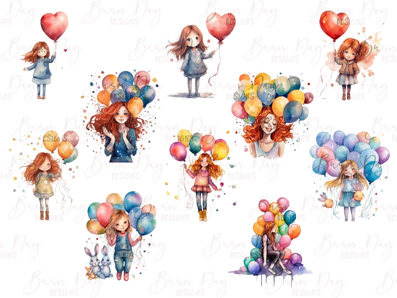 Watercolor Girl With Balloons Clipart Bundle (digital Download) - Etsy