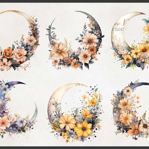 23 Watercolor Floral Moon Clipart Bundle Sublimation Designs Digital ...