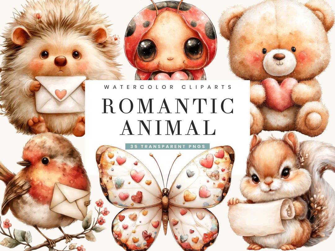 35 Watercolor Romantic Animals Clipart Bundle, Animal Prints, Valentine ...