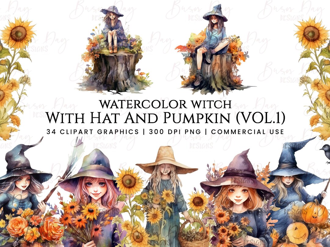 Watercolor Witch With Hat and Pumpkin Clipart, Commercial Use, Digital ...