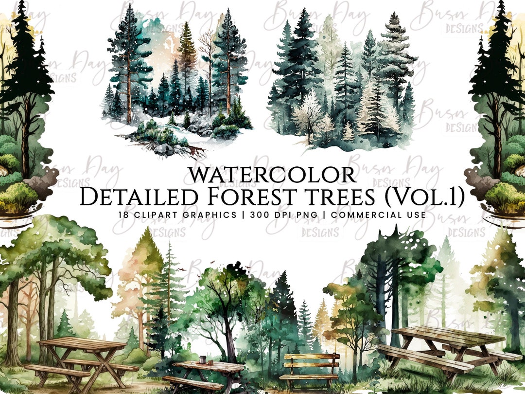 Watercolor Forest Trees Clipart Bundle: Commercial Use (digital ...