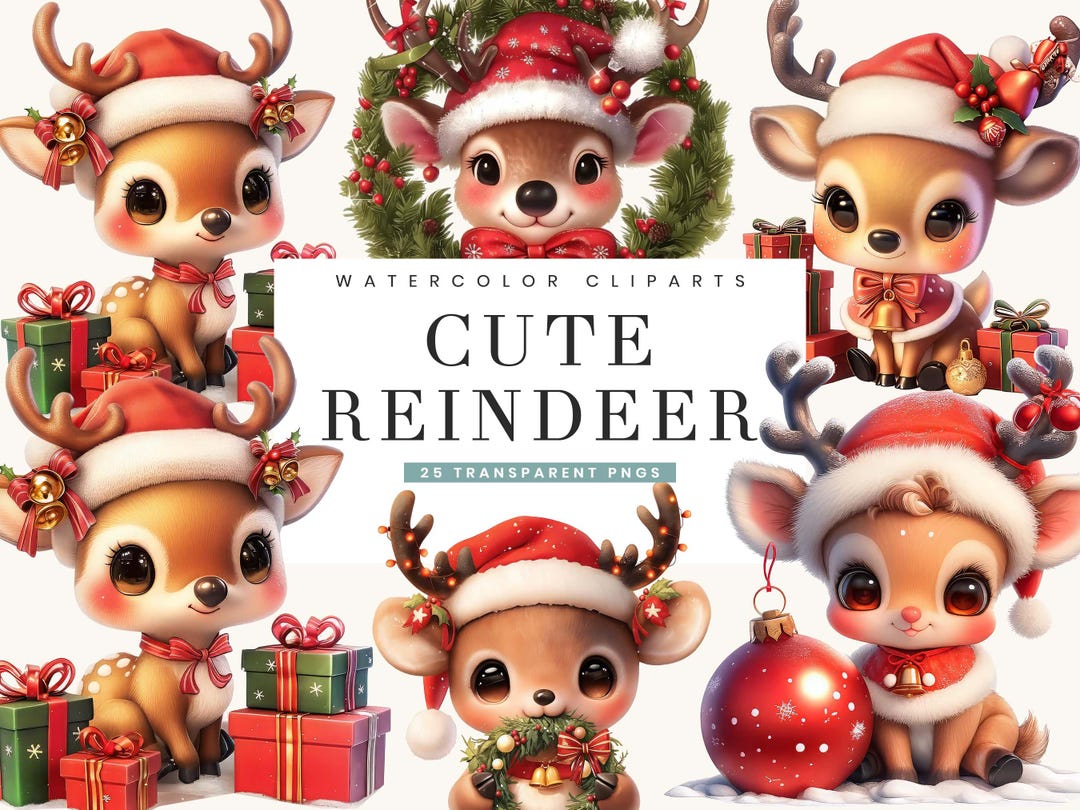 25 Watercolor Cute Reindeer Clipart Bundle Sublimation Designs Digital ...
