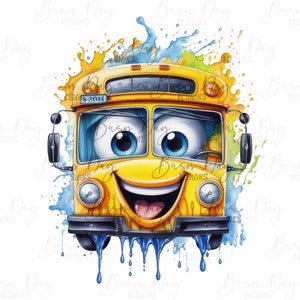 Watercolor Funny Faces School Bus Clipart Bundle, Digital Download ...