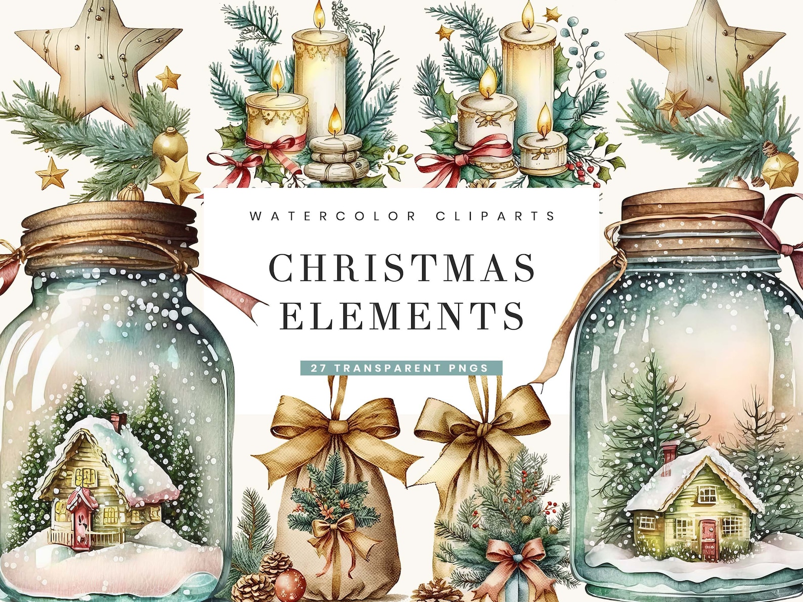 Watercolor Christmas Clipart Bundle: 27 PNG Designs (digital Download ...