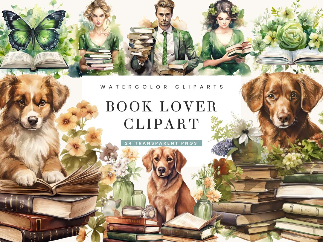 24 Watercolor Book Lover Clipart Bundle Sublimation Designs, Digital ...