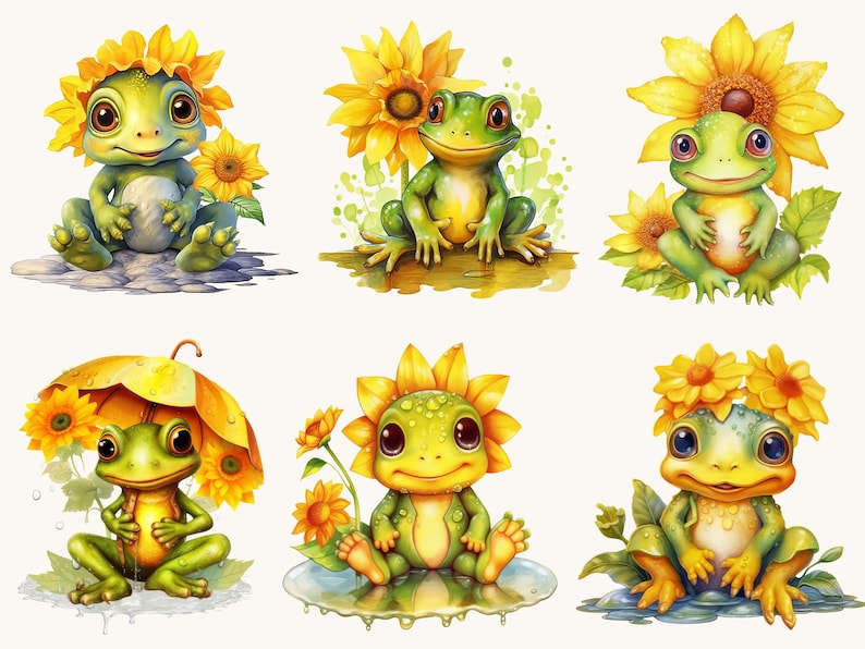 Watercolor Baby Frog Sunflower Clipart Bundle (digital Download) - Etsy