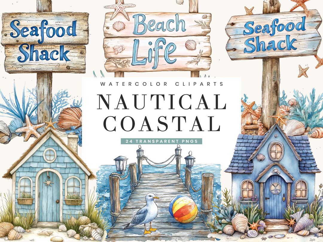 Watercolor Nautical Clipart Bundle: Coastal PNG Files (digital Download ...