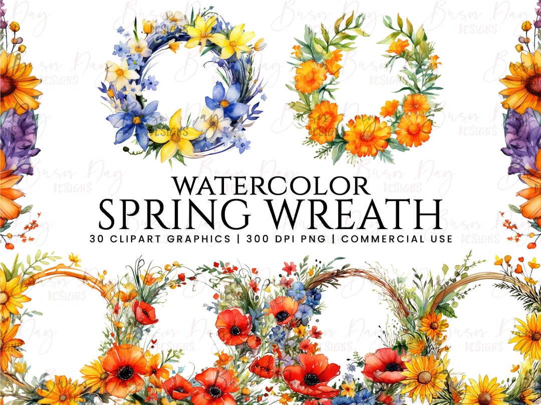 Watercolor Spring Wreath Clipart Bundle, Commercial Use, Digital ...