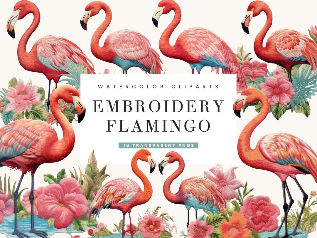 16 Watercolor Embroidery Flamingo Clipart Bundle Sublimation Designs ...