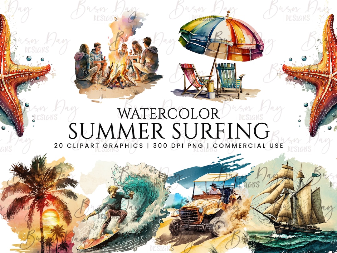 Watercolor Summer Surfing Clipart Bundle (digital Download) - Etsy