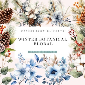 Watercolor Winter Floral Clipart: Botanical PNG Bundle (digital ...