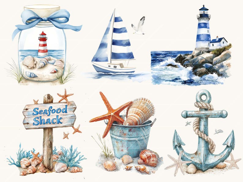 Watercolor Nautical Clipart Bundle: Coastal PNG Files (digital Download ...