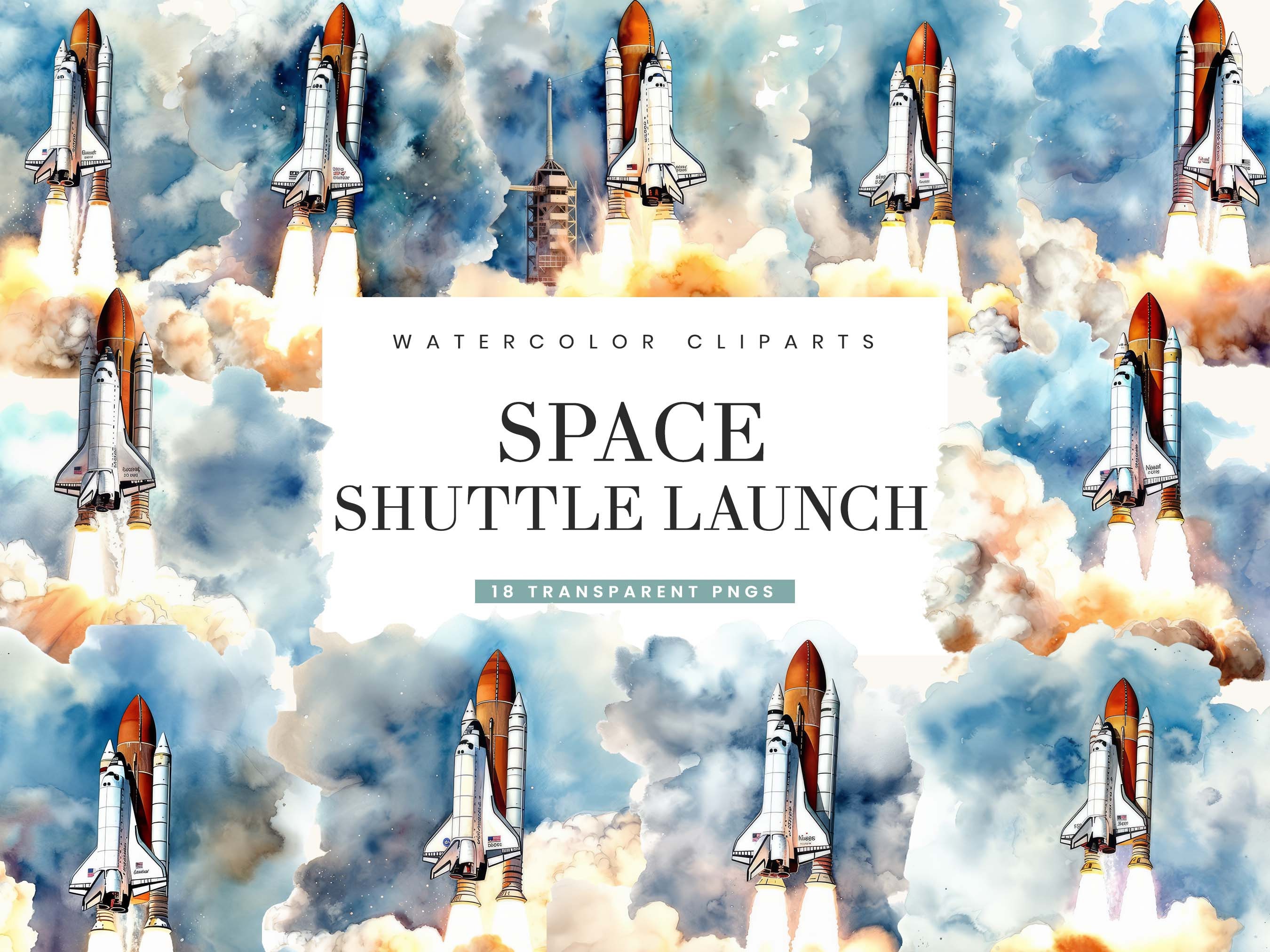 Watercolor Space Shuttle Launch Clipart: 18 PNG Designs (digital ...