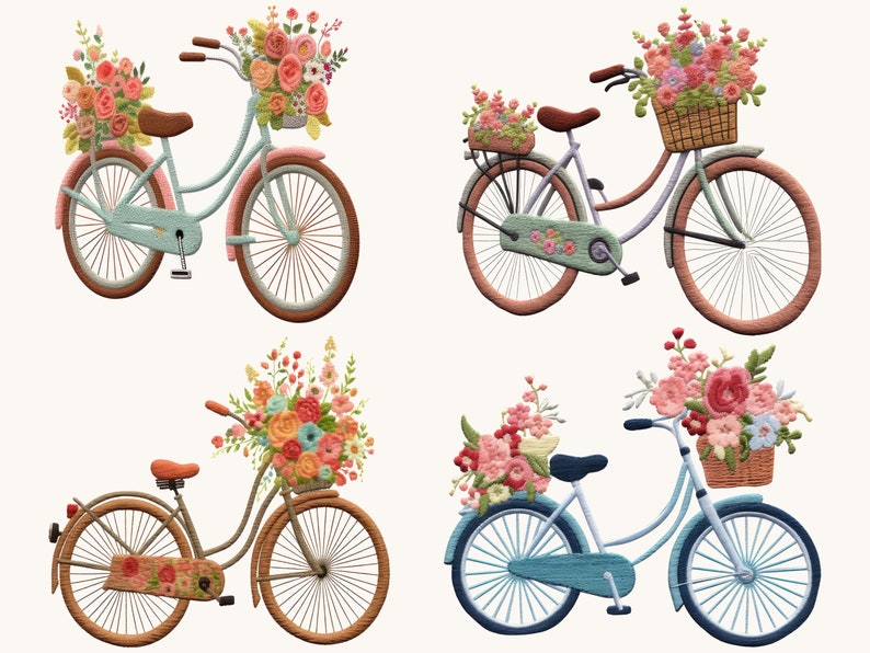Watercolor Embroidery Bicycle Clipart Bundle: Printable PNG Designs ...