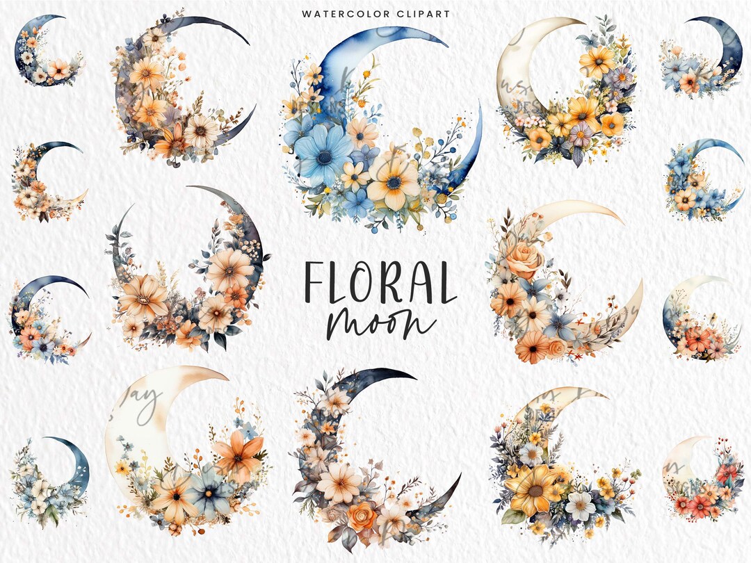 23 Watercolor Floral Moon Clipart Bundle Sublimation Designs Digital ...