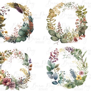 Botanical Wreaths Watercolor Clipart Bundle, Commercial Use, Watercolor ...