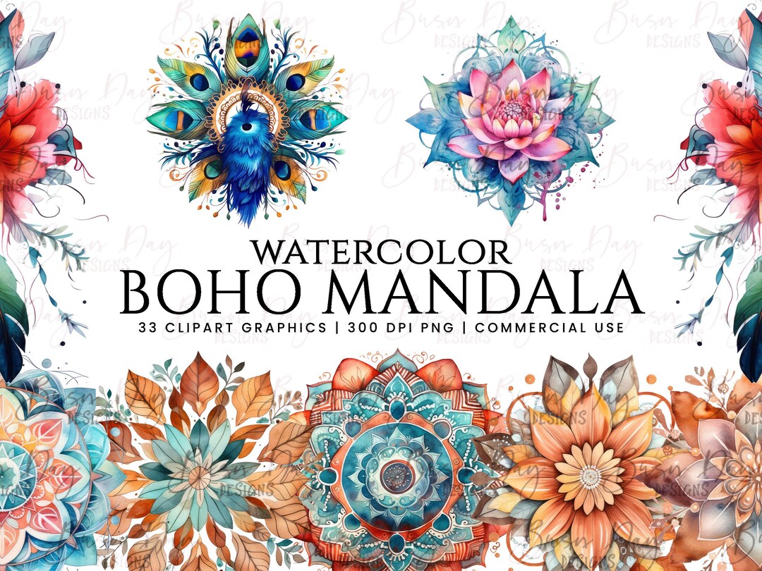 33 Watercolor Boho Mandala Clipart Bundle , Clipart Bundle, Commercial ...