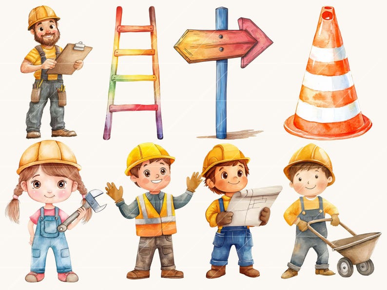 Watercolor Construction Clipart Bundle: 32 PNG Designs (digital ...